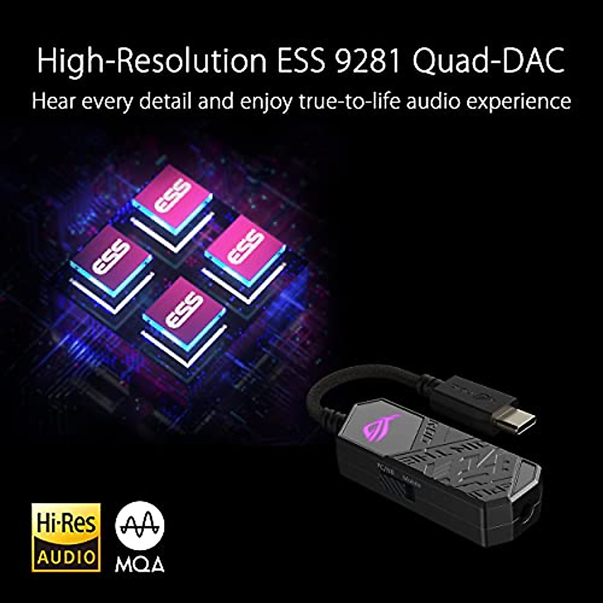 ASUS ROG Clavis USB-C Gaming DAC (ESS 9281 QUAD DAC amplifier, AI Noise-Canceling Mic, MQA Rendering, Aura Sync RGB, Compatible with PC, mobile, PlayStation 5, and Switch)