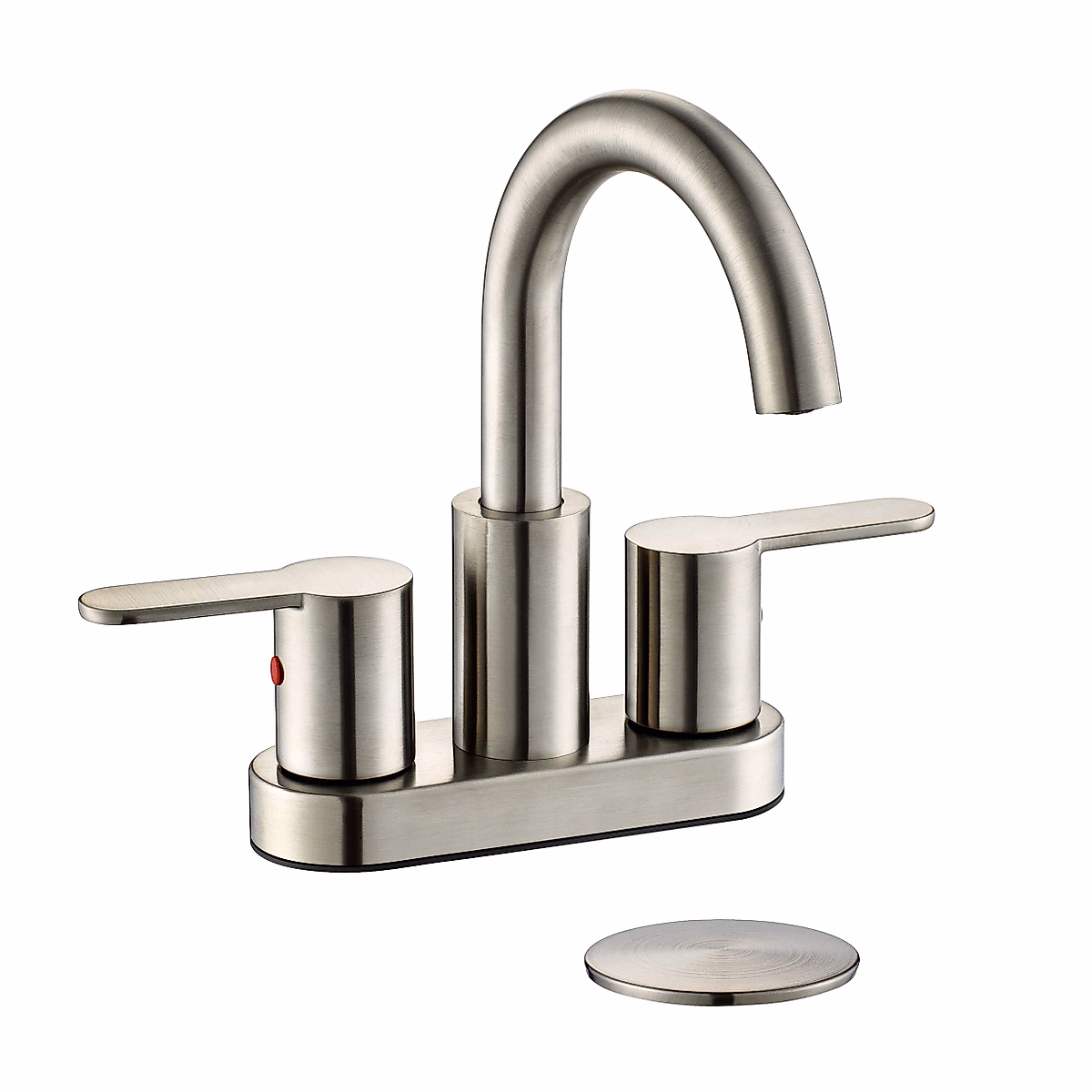 TimeArrow 2 Handle Centerset Bathroom Sink Faucet Brushed Nickel with Drain Assembly, High Arc Modern 4 Inch Bathroom Vanity Lavatory Faucet 3 Holes with Brass 360° Swivel Spout, TAF067E-BN