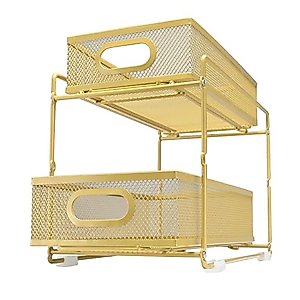 wkokos Under Sink Organizer Baskets with Mesh Pull Out Sliding Drawers for Cabinet, Kitchen, Bathroom, 2 Tier, Gold
