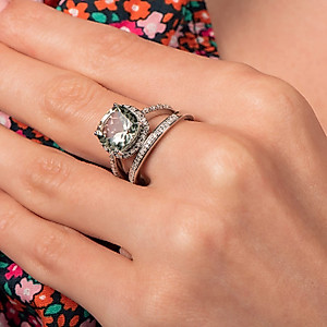 Jewelili Cocktail Ring with Cushion-cut Green Amethyst with White Diamond Halo in Sterling Silver, Size 7