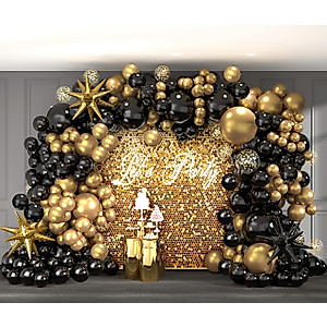 PARTYNOW 137Pcs Black and Gold Balloons Garland Arch Kit 5/10/12/18in Black Metallic Gold Confetti Latex Balloons with Explosion Star Balloons for Graduation Anniversary Birthday Party Decorations