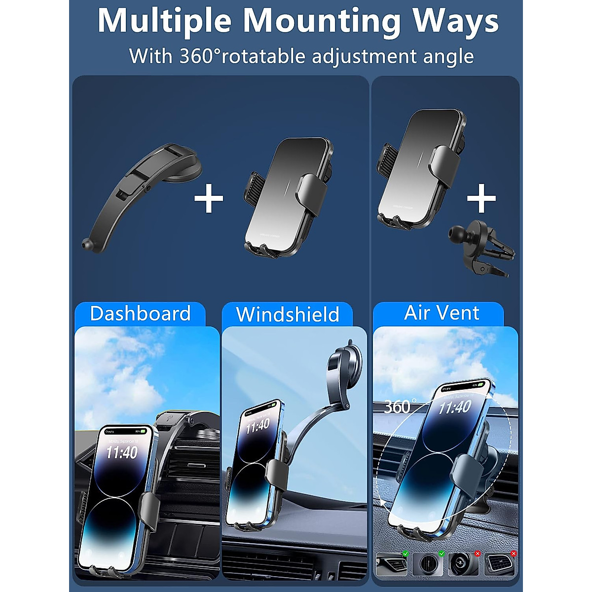 Wireless Car Charger for Samsung Galaxy Z Flip, 15W Charging [AUTO Moving Coil], Dash Air Vent Auto-Clamping Car Phone Holder Charger Mount Wireless Charging for iPhone 15/14/13, Galaxy Z Flip 5/4/3