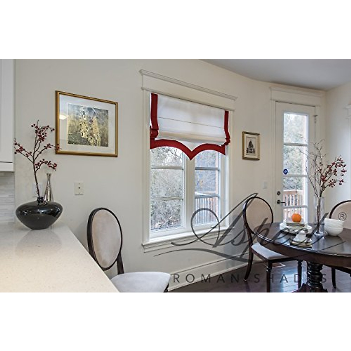 LOGANOVA Flat Roman Shade Chevalle Brick. White base, luxuriant red border on three sides, scalloped bottom and chain mechanism. Custom made.