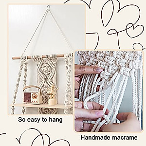 Macrame Wall Hanging Shelf - Wood Boho Wall Shelf with Woven Ripe, Boho Indoor Hanging Shelves for Wall Display, 2 Tier Handmade Macrame Bohemian Shelf, Boho Deocr for Living Room, Bedroom, Bathroom