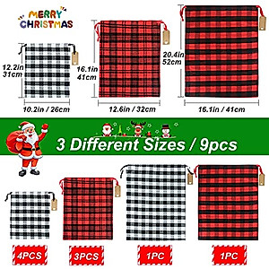 YQL Buffalo Plaid Drawstring Bags, 9Pcs Soft Flannel Christmas Gift Bags Assorted Sizes Christmas Fabric Bags Reusable Christmas Gift Bags for Christmas Package Birthday Holiday Party(Red&Black)