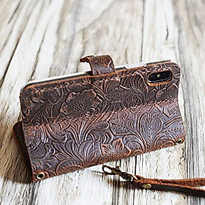 Leather iPhone XR wallet Case Handmade Wristlet iPhone XR Cover Tooled Flower Brown - 408H-6