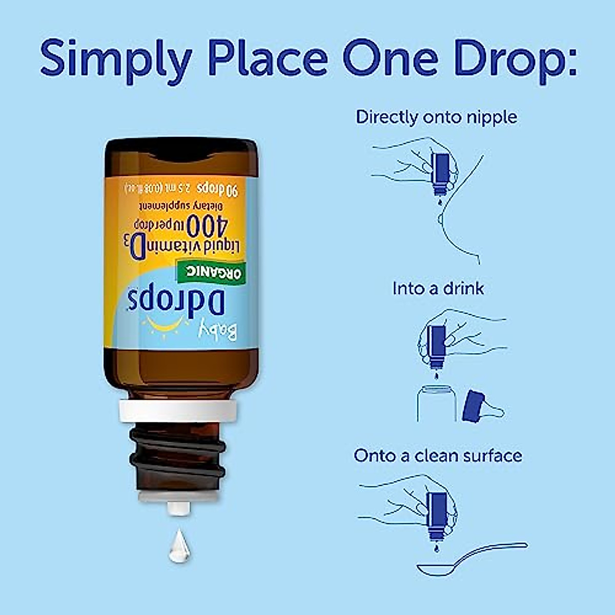 Ddrops Organic Baby 400 IU 90 Drops - Daily Vitamin D Liquid for Infants. Supports Teeth & Bone Health. No Preservatives, No Sugar, Non-GMO, Allergy-Friendly