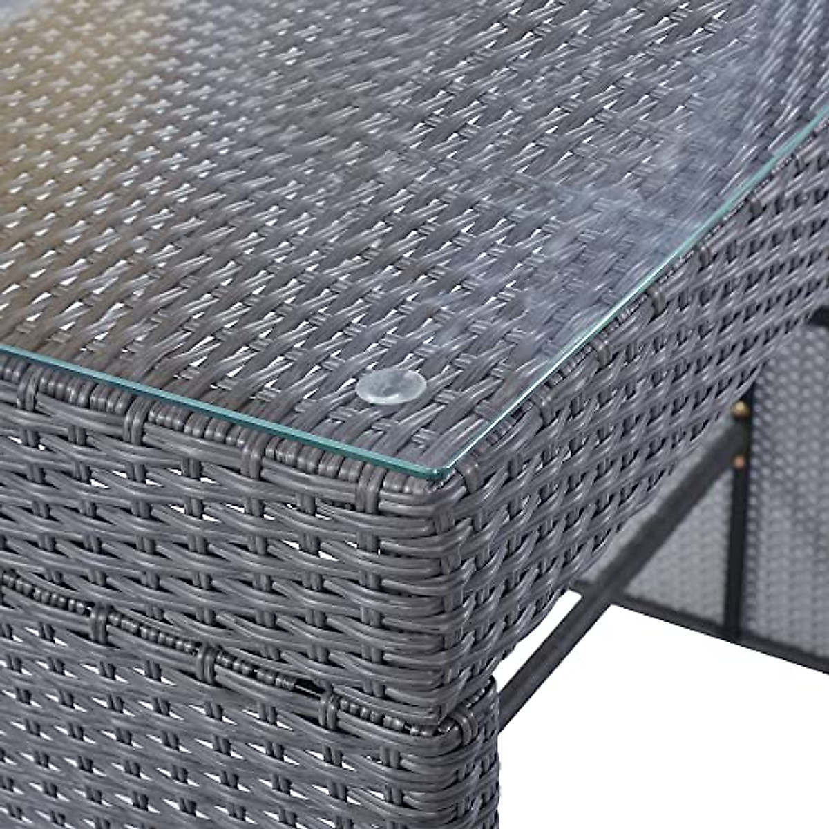 5-Piece Outdoor Patio Wicker Bar Set, Garden PE Rattan Wicker Dining Table, Square Stool Set, Glass Tabletop, High-Dining Bistro Set with 4 Stools and 1 Wood Table (Grey2-5PCS)