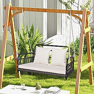 Tangkula Outdoor Wicker Porch Swing, 2-Person Hanging Seat with Seat & Back Cushions, Heavy-Duty Metal Frame & 2 Sturdy Hanging Ropes, Wicker Woven Swing Loveseat for Front Porch
