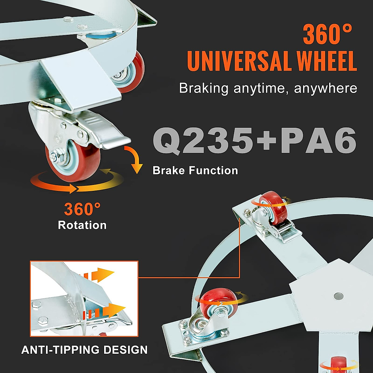 VEVOR 55 Gallon Heavy Duty Drum Dolly, 1250lbs Load Capacity, Barrel Dolly Cart Drum Caddy, Non Tipping Hand Truck Capacity Dollies with Steel Frame 5 Swivel Casters Wheel, for Warehouse Drum Handling