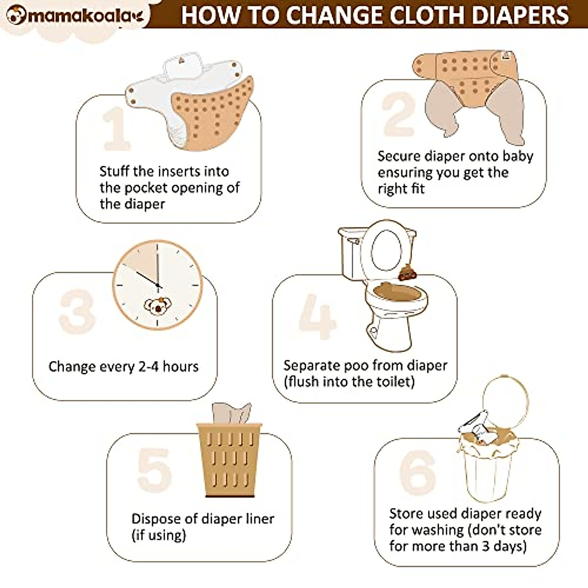 Mama Koala 2.0 Baby Cloth Diapers with AWJ Lining and Tummy Panel, Washable Reusable Pocket Diapers, 6 Pack with 6 Bamboo Diaper Inserts (Desert Sun)