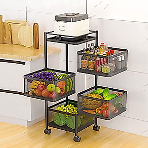 Multi-Layer Household Storage Shelf,4 Tiers Rotating Storage Organizer Rolling Utility Cart,Storage Cart,Metal Pantry Baskets with Wheels for Living Room Bathroom Laundry Room
