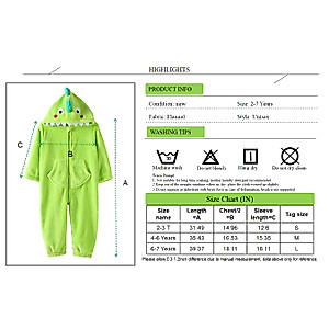 LOLANTA Boys Girls Dinosaur Costume Bodysuit Flannel Toddler One Piece Jumpsuit Kids Gifts (Green, 6-7 Years)