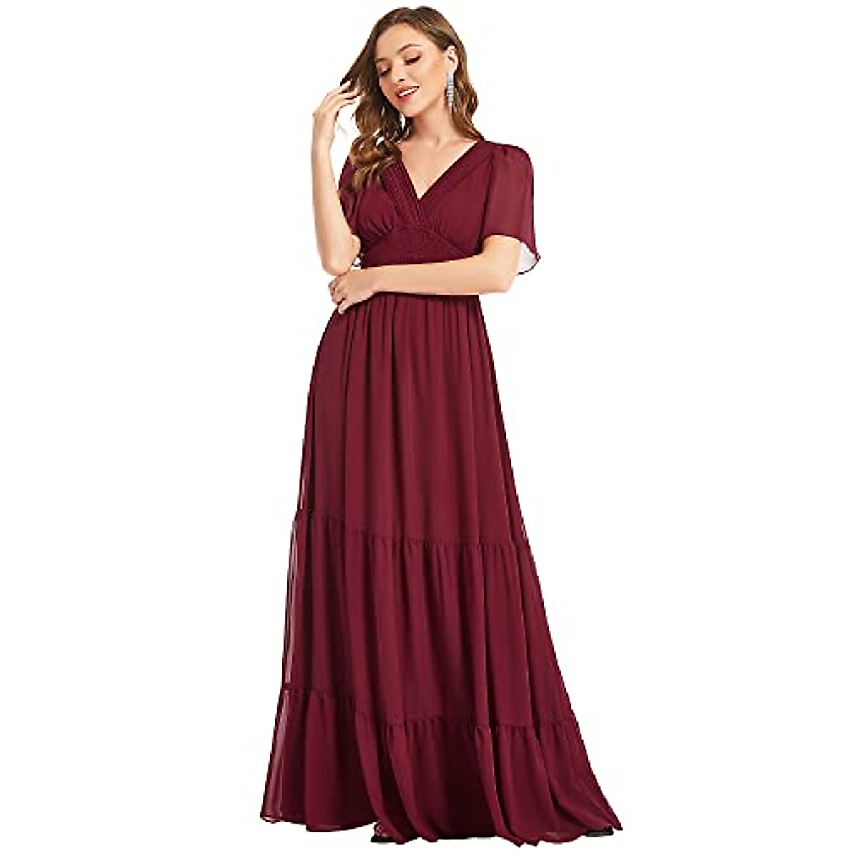 Ever-Pretty Women's Chiffon V Neck Back Lace up Short Sleeves Pleated Maxi Bridesmaid Dress Burgundy US10