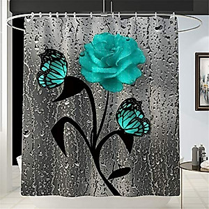 Taeamjone Teal Rose Shower Curtain Set Butterfly Bathroom Curtain with Non-Slip Rug, Toilet Lid Cover and Bath Mat, Rose Shower Curtain with 12 Hooks, Waterproof Raindrops Shower Curtain for Bathroom