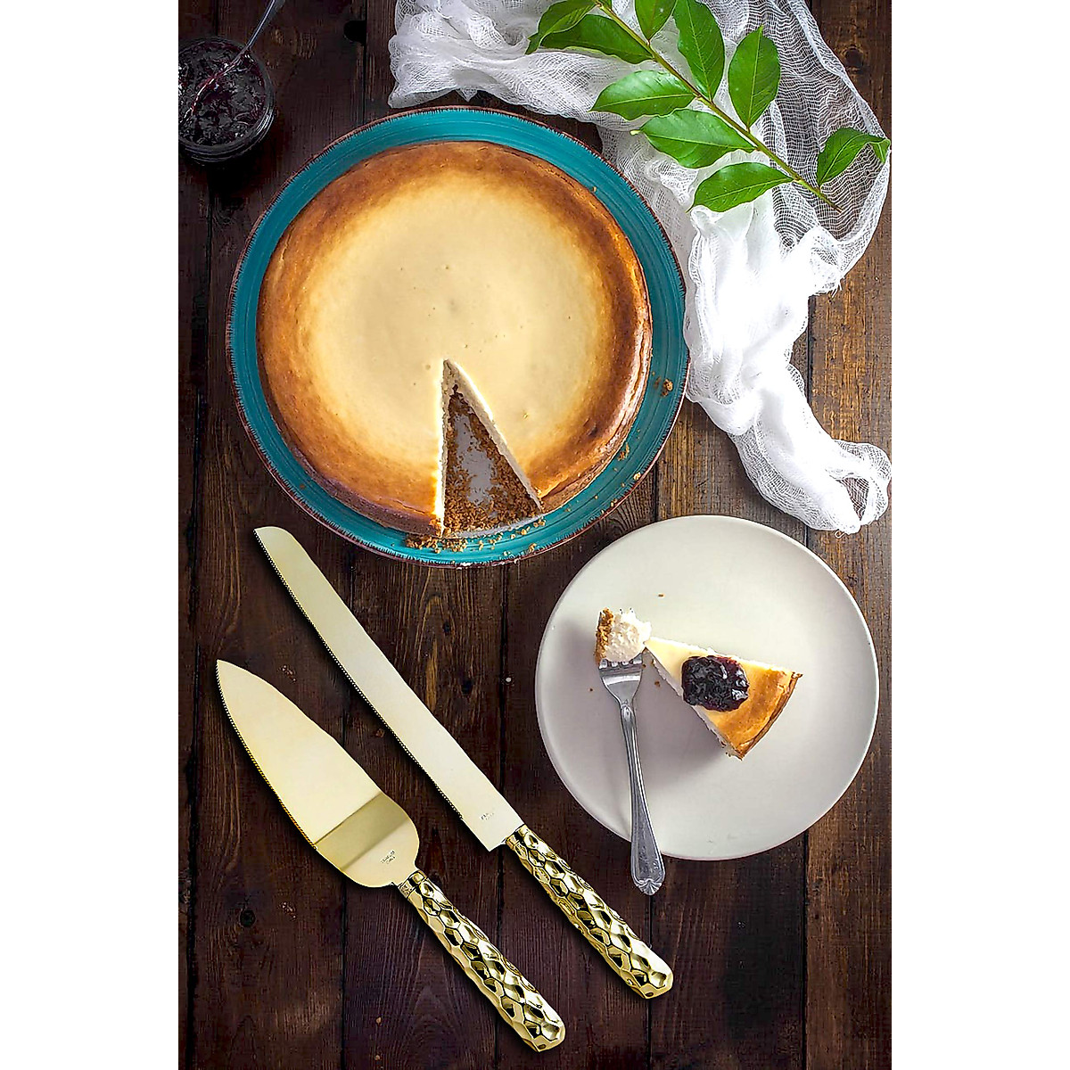 FASHIONCRAFT 2562 Gold Hammered Design Cake Knife and Server Set – Wedding Favor