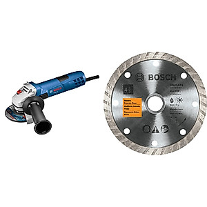 BOSCH 4-1/2 Inch Angle Grinder GWS8-45 with BOSCH DB4542S 4-1/2-Inch Turbo Rim Diamond Blade, Silver