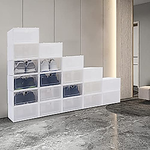 XUANIIIL 12/24 Pack Stackable Shoe Box Set, Plastic Clear Medium/Large Size Foldable Shoe Storage Boxes Home Organizer for Closet Shoe Holder Rack Containers with Lids (White, Standard Size, 20pcs)