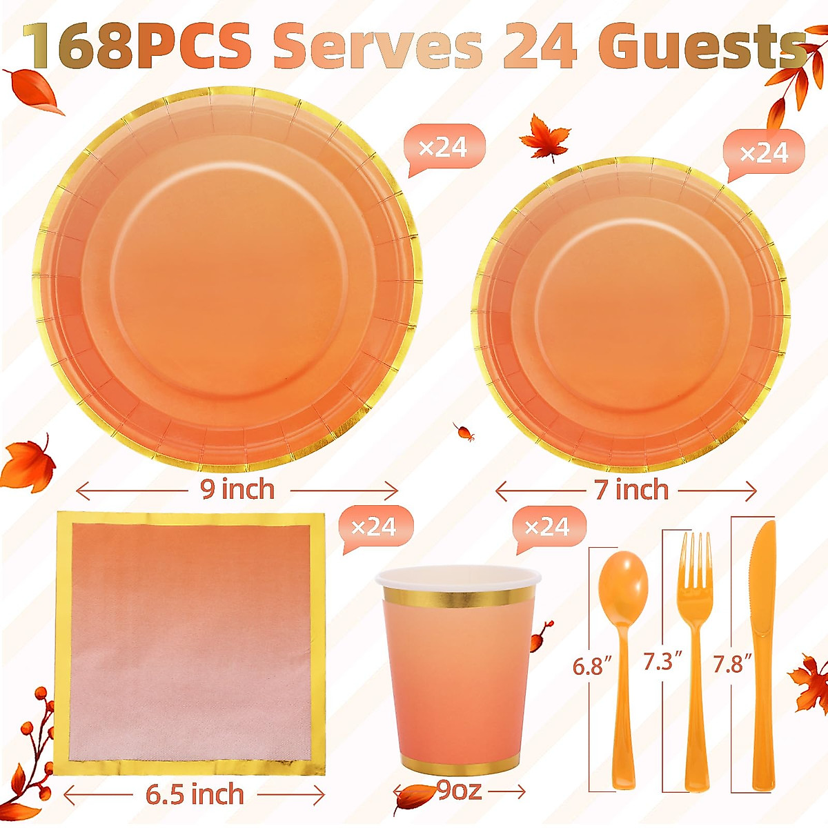 Gudvilla Orange Party Decorations, 168Pcs Orange Paper Plates and Napkins Party Supplies, Fall Paper Plates Serve 24, for Birthday Graduation Fall Thanksgving