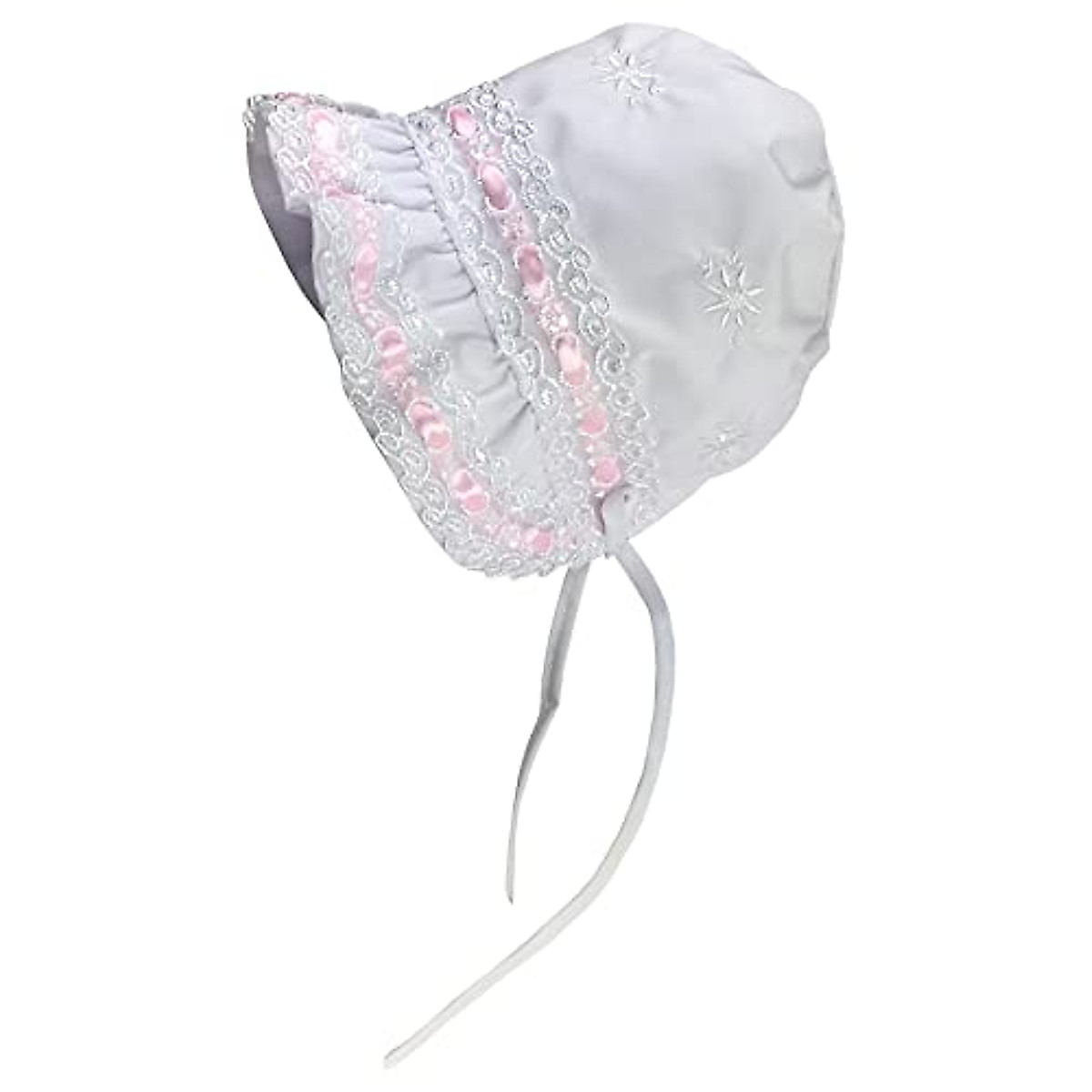 N'Ice Caps Baby Girls Bonnet White Lace Newborn Infant Toddler Sun Hat Special Occasion (White with Pink Ribbon, Newborn)