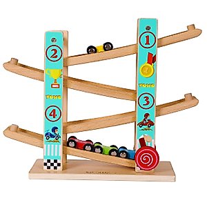 TOWO Pure Wooden Car Ramp - Zig Zag Car Slide Run with 4 Wooden Cars Playsets-Click Clack Track Wooden Car Toys for Toddlers -Racing Car Toys for Kids Boys Girls 2 3 4