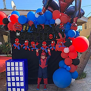 Glittery Spider Hero Birthday Party Banner and Cake Topper Decorations,Red Black Spider Hero Theme Party Decorations Supplies for Kids