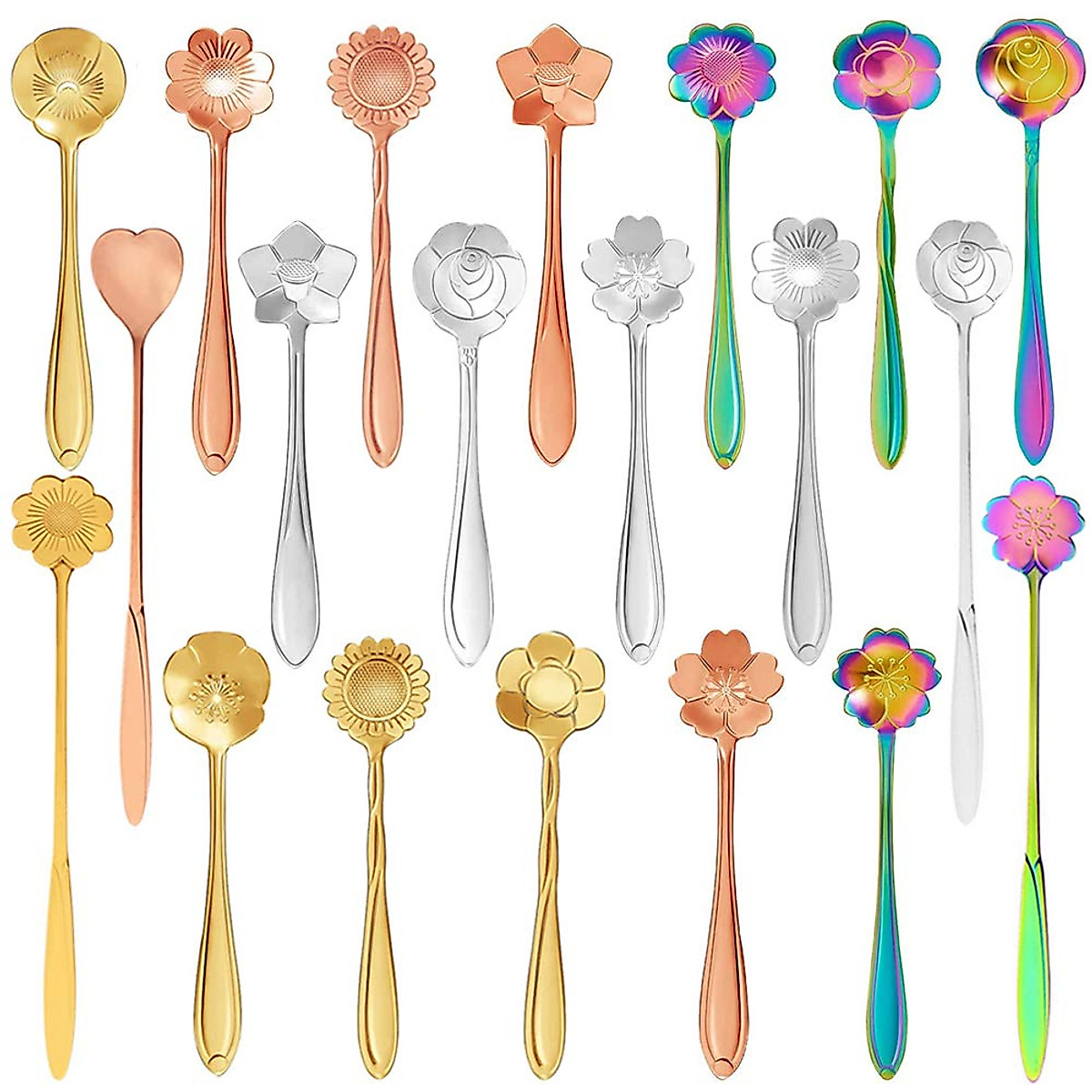 20PCS Flower Spoon Set, FULANDL Stainless Steel Tea Spoon Coffee Spoon Sugar Spoon, Reusable Tableware Stirring Spoon Ice Cream Spoon for Coffee, Tea, Cake, Dessert, Multiple Shapes (4.9 & 7Inch)