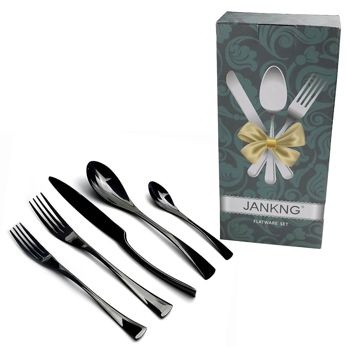 JANKNG 20-Piece 18/10 Stainless Steel Flatware Set Mirror Polishing Black, Serive for 4