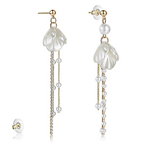 Kruckel Peach Blossom Floral Long Drop Dangling Earrings - Golden Studs with White Pearls, Jewelry for Women,Easy - Wear Fashion Design Accesory Packed with Durable Jewelry Box