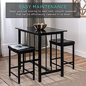 Best Choice Products 3-Piece Counter Height Dining Table Furniture Set for Kitchen, Bar, Bonus Room w/ 2 Faux Leather Backless Stools, Compact, Space-Saving Design - Black