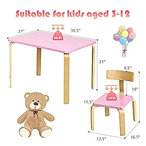Costzon Kids Table and Chair Set, Wood Table and Chairs for Toddlers Reading, Arts, Crafts, Homework, Snack Time, 3 Piece Furniture for Playroom Home School Classroom, Childrens Table and Chair, Pink