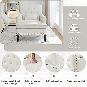 Accent Chair, Arm Chair，Living Room Upholstered Chair, Tufted Upholstered Sofa Club Chair for Bedroom, Comfy Reading Chair for Reception Room (White)