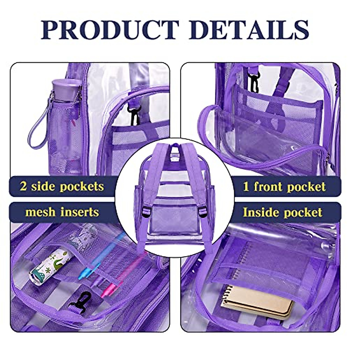 2BK Purple Heavy Duty Clear Backpacks,Large Transparent Backpacks See Through Backpacks for Kids,Adults,School,Stadium,Work,Security,Travel