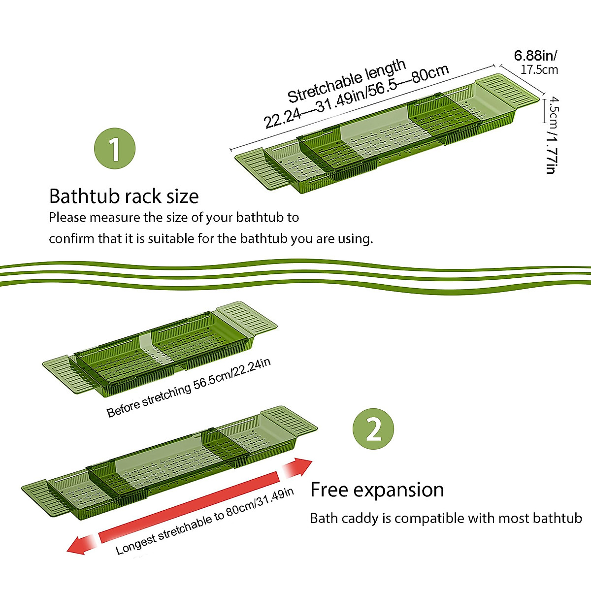Bathtub Tray Table, Adjustable Bath Tray for Tub, Bath Accessories, Deluxe Bathroom SPA Bath Tray, Expandable Drain Bath Shelf Caddy Tray with Anti-Slip mat, Fits Most Tubs(Transparent Green)