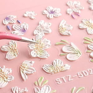 3D Embossed Spring Flower Nail Art Stickers Decals 4 Sheets 5D Self-Adhesive Pegatinas Uñas Pink Cherry Blossoms Floral Nail Supplies Nail Art Design Decoration Accessories