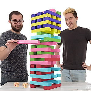 Hey! Play! Nontraditional Giant Wooden Blocks Tower Stacking Game with Dice, Outdoor Yard Game, for Adults, Kids, Boys and Girls (Rainbow Color)
