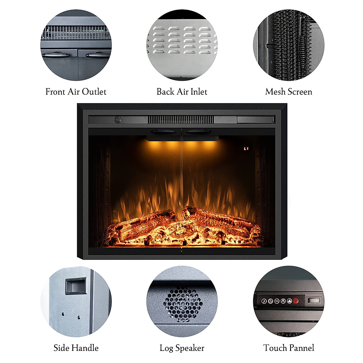 Benrocks 36” Electric Fireplace Inserts with Glass Door and Mesh Screen, Multicolor Flames & Fire Crackling Sounds, Timer, Overheating protection Fireplace Heater, 750/1500W
