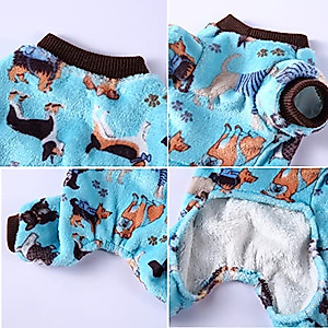 Ornaous Fleece Small Dog Cat Pajamas Shirt，Cute Blue Pet Onesie Pajamas Puppy Footie Jumpsuit Warm Clothes（L Size）