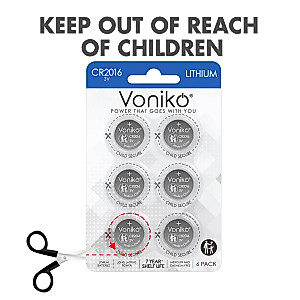 Voniko 3 Volt 2016 Battery 6 Pack – Button Cell 2016 Batteries – Lithium CR2016 3 Volt Coin Battery – Child-Protection Packaging, 7 Years Shelf Life