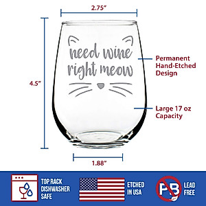 Need Wine Right Meow – Cute Funny Cat Stemless Wine Glass, Large 17 Ounces, Etched Sayings, Gift Box