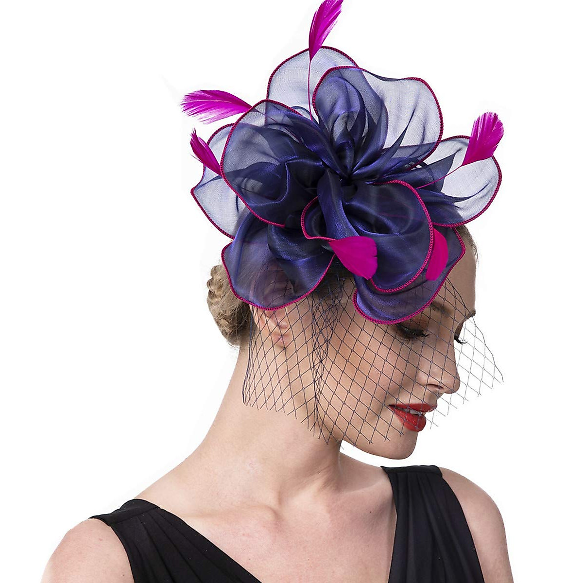 Fascinators Hat for Women Tea Party Headband Girls Flapper Headpiece Kentucky Church Derby Wedding (FM02-Navy and Rose)