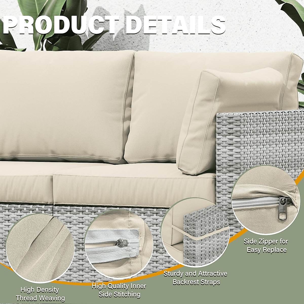 Pakunoda 8 pcs Outdoor Cushion Slipcovers Outdoor Patio Cushions Covers Replacement Waterproof with Zipper w/3 Seat Cushion Covers and 5 Backrest Pillow Covers, Covers Only