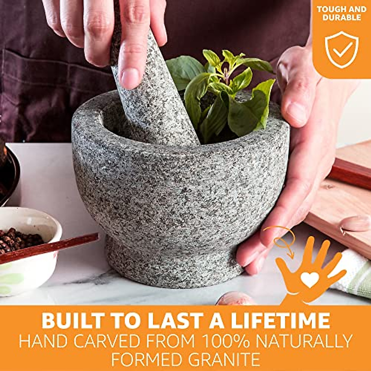 Heavy Duty Natural Granite Small Mortar and Pestle Set, Hand Carved, Make Fresh Guacamole at Home, Solid Stone Grinder Bowl, Herb Crusher, Spice Grinder, Unpolished Grey, 1.5 Cup, Grey