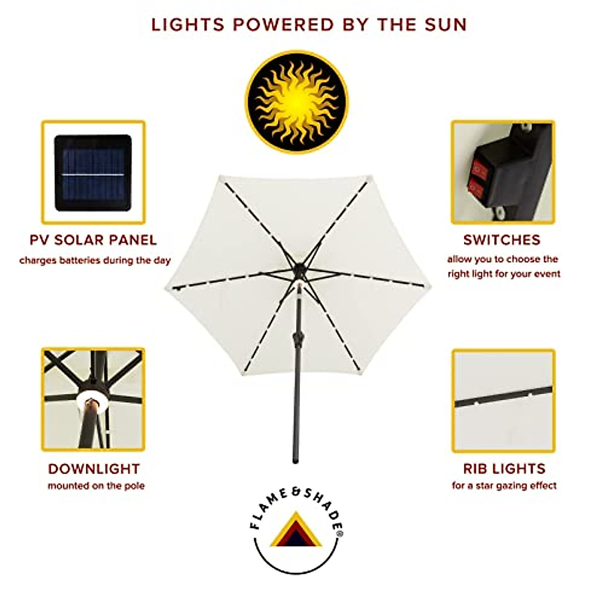 FLAME&SHADE 7.5 ft Solar Powered Outdoor Market Patio Table Umbrella with LED Lights and Tilt, Ivory