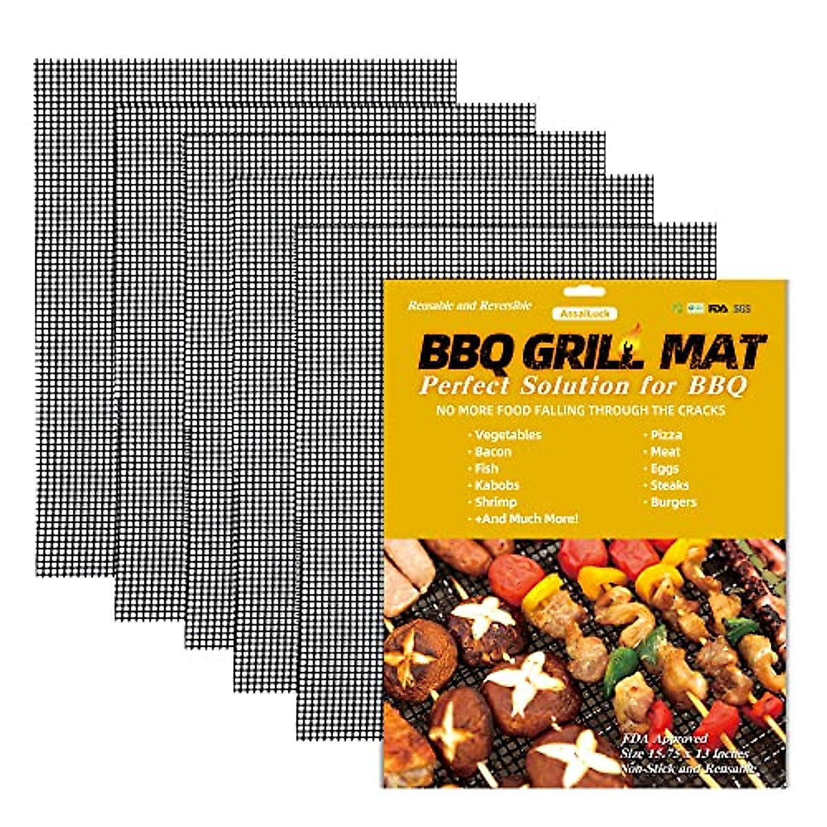 AssaiLuck Grill Mats For Outdoor Grill - Set of 5 Non-Stick Reusable Mats for Gas, Charcoal, Pellet Fuel Grills - 15.75x13 inches - Dishwasher Safe and PFOA-Free
