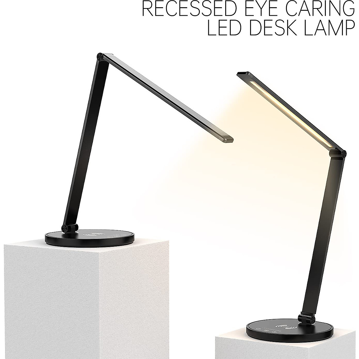 Fugetek LED Desk Office Lamp with Wireless Charger & USB Charging Port, 5 Light Color Modes, 5 Brightness Modes, Dimmer, Easy Touch Control, 30/60 Min Auto Off Timer, Eye-Caring, Black