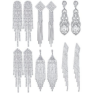 6 Pairs Rhinestone Earrings Chandelier Earrings Women Dangling Crystal Fringe Long Tassel Earrings for Bride Girls Jewelry for Wedding Dinner Party Gift (Stylish Style)