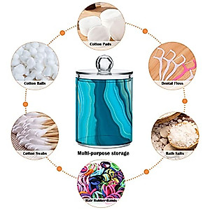 BOENLE 2 Pack Qtip Holder Dispenser Teal Turquoise Blue Marble Bathroom Storage Canister Lid Acrylic Plastic Apothecary Jar Set Vanity Makeup Organizer for Cotton Swab/Ball/Round Pads, Floss
