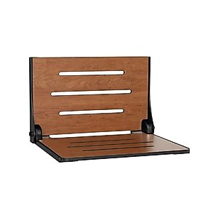 Seachrome Silhouette Folding Wall Mount Shower Bench Seat, Rustic Teak Seat with Matte Black Frame (SHAF-185155-PRTS-S-MB)