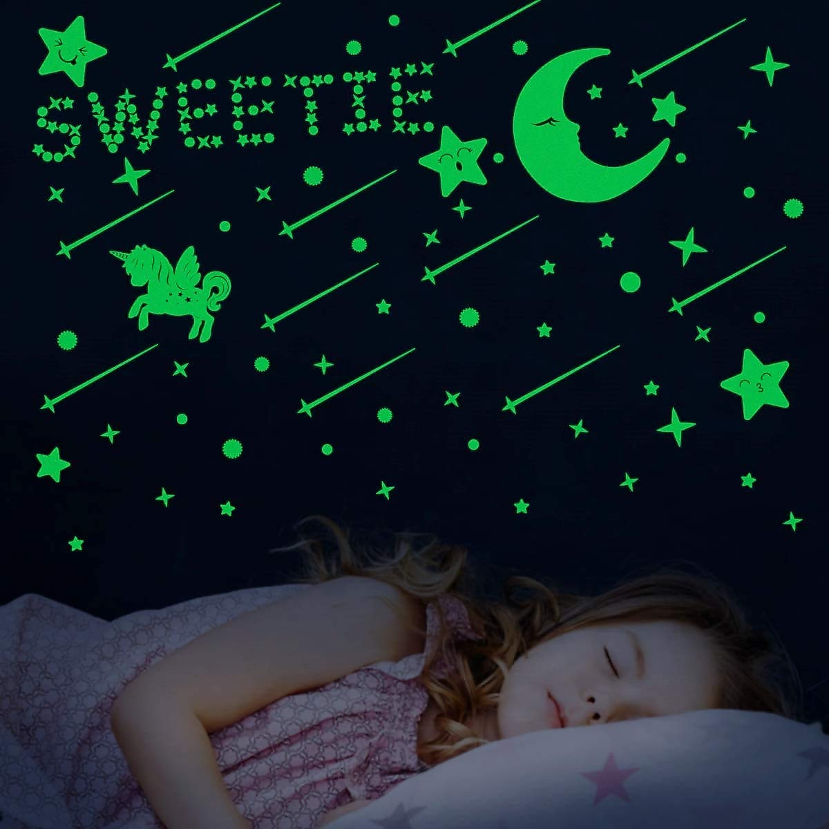 382 Pcs Glow in The Dark Stars Wall Stickers, Glowing Stars for Ceiling and Wall Decals, 3D Glowing Stars Moon Unicorn for Kids Boys Girls Bedding Room Decoration or Party Birthday Gift